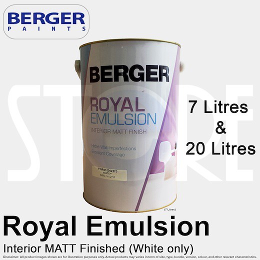 Berger Royal Emulsion Interior MATT Finish Paint (White only) 7L/20L ...