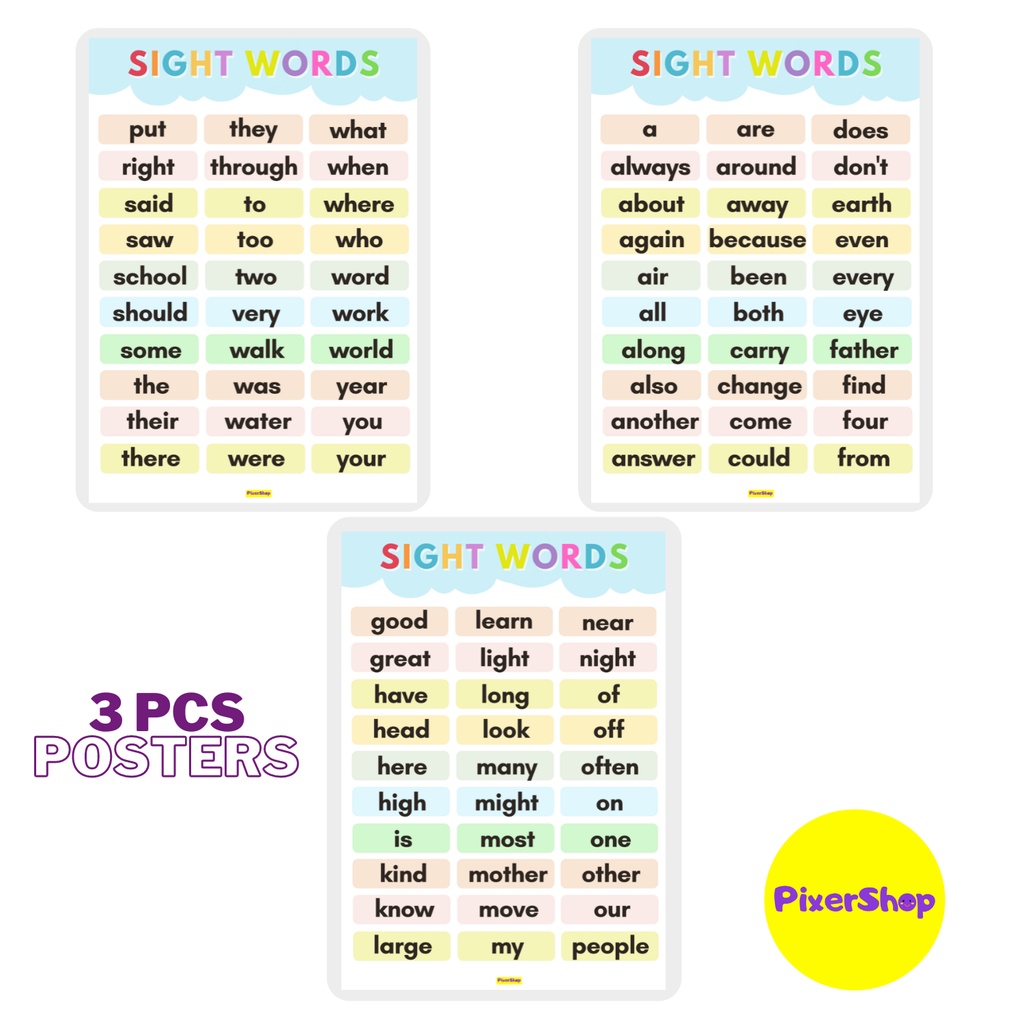 3 PCS. SIGHT WORDS EDUCATIONAL CHARTS/POSTERS LAMINATED A4 SIZE ...