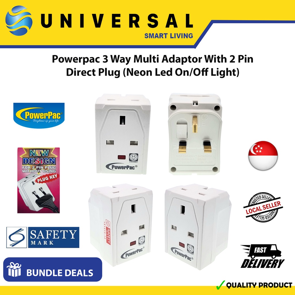 [SG SHOP SELLER] Powerpac 3 Way Multi Adaptor With 2 Pin Direct Plug ...