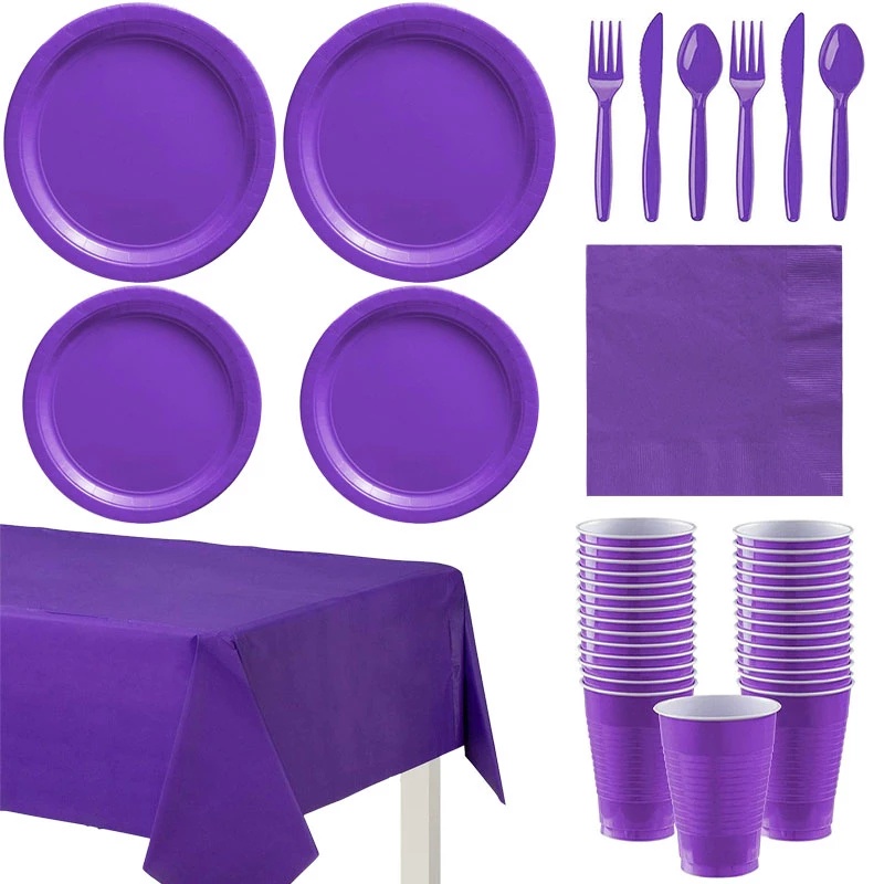 Purple Plates Cup Paper Straws Disposable Tableware Set Party ...