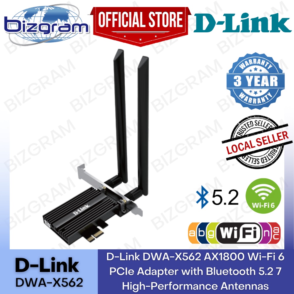 D-Link DWA-X562 AX1800 Wi-Fi 6 PCIe Adapter with Bluetooth 5.2 7 High-Performance Antennas (3 ...