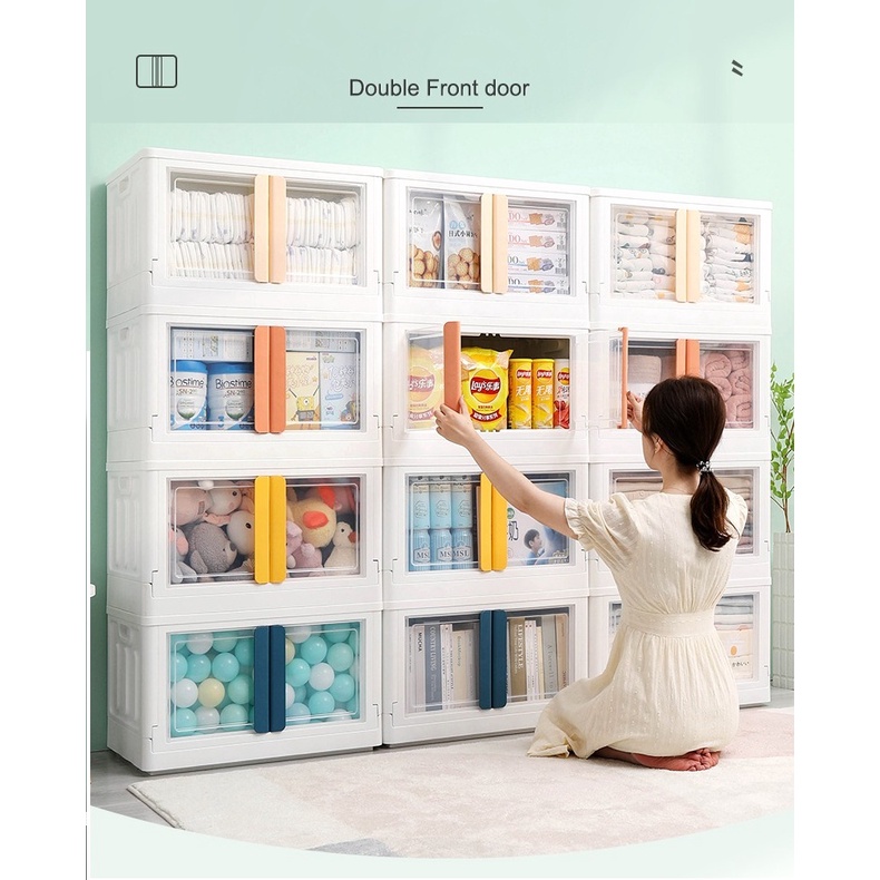 Moveable Front Door Opening Collapsible Storage Box w Lid and Wheels 32/72L Stackable Storage ...