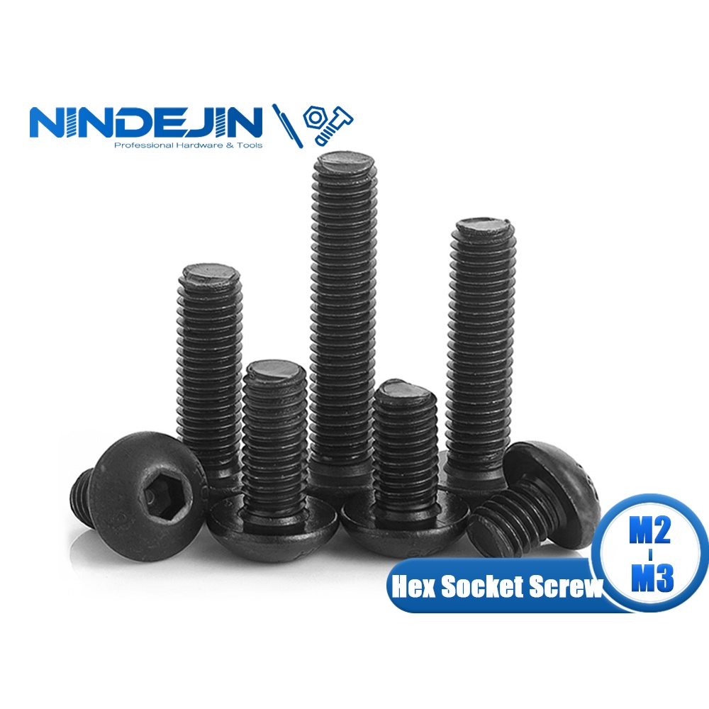 NINDEJIN Hex Socket Round Head Screw Bolt ISO7380 M2 M2.5 M3 Carbon Steel Black Plated 50Pcs ...