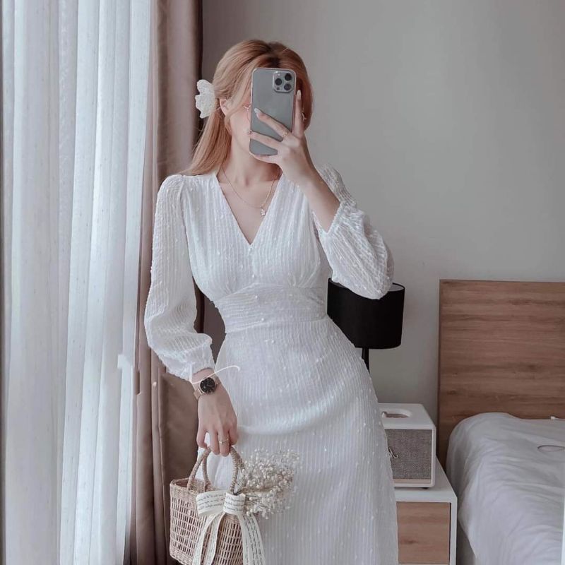 Yeon Dress V-neck embossed lace beaded party Dress | Shopee Singapore