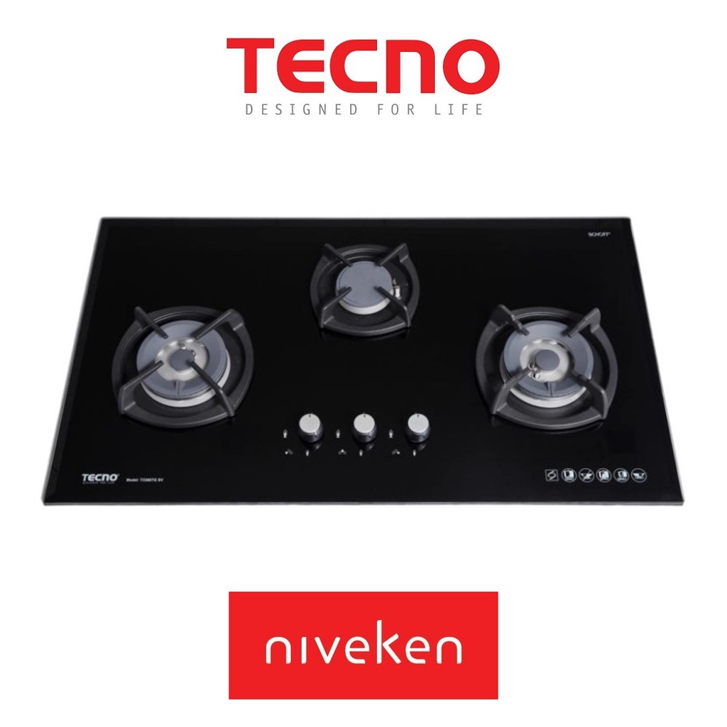 Tecno T3388TGSV / T 3388TGSV 3-Burner (90cm) Glass Cooker Hob with ...