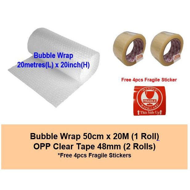 [Bundle] Bubble Wrap 50cm x 20m + 2-OPP Clear Tapes 48mm(50m) + 4p-Free Fragile Stickers ...