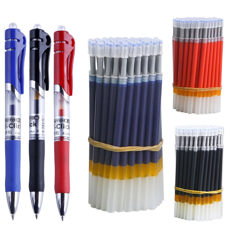 2Pen+10 refill press gel pen black/blue/red ink bullet spring set 0.5 ...