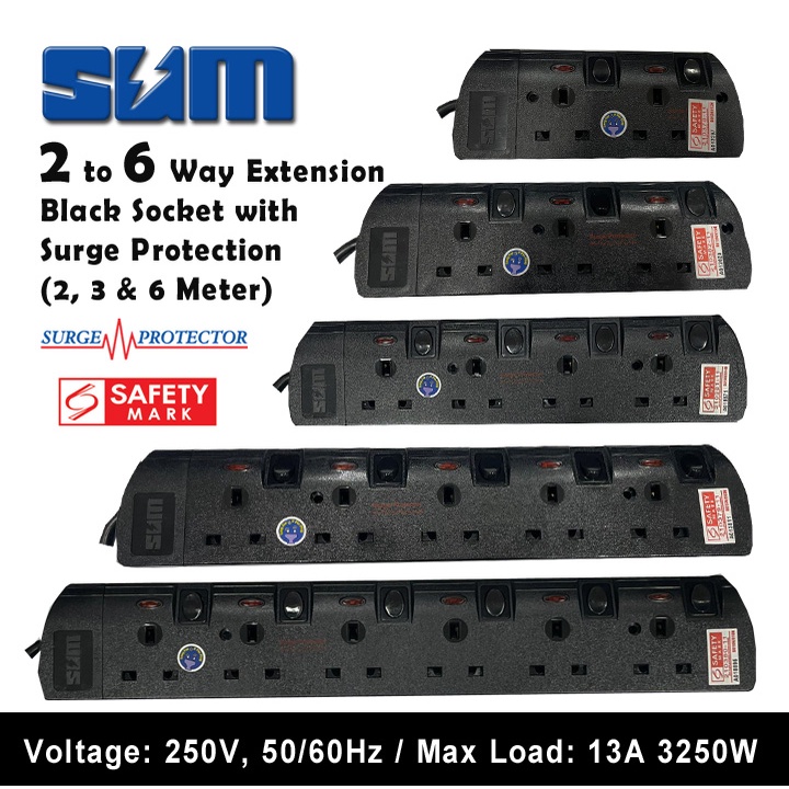 SUM 2/3/4/5/6 Way Extension Black Socket with Surge Protection & Safety ...