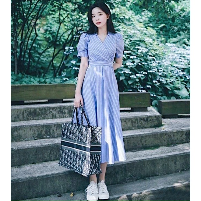 Freesize blue striped dress with long form turn-down collar | Shopee ...