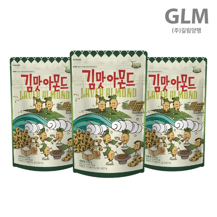 [GILIM] Tom's Farm Laver (Seaweed) Flavored Almond 190g x 3 - Korean ...