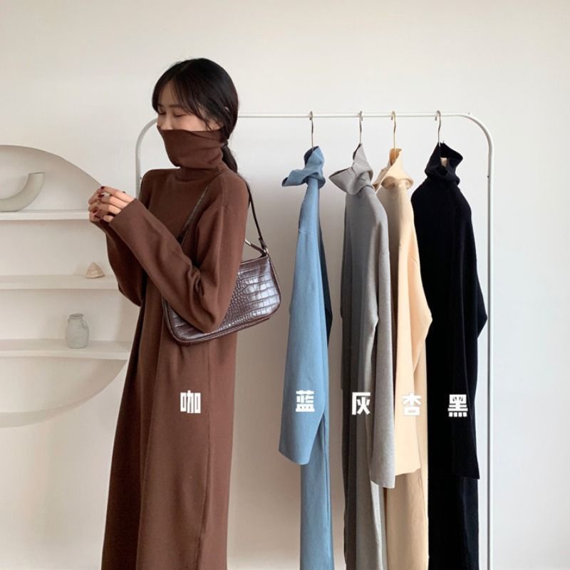 Ladies Long Sleeve Solid Color Side Cut High-end Design Maxi Dresses ...