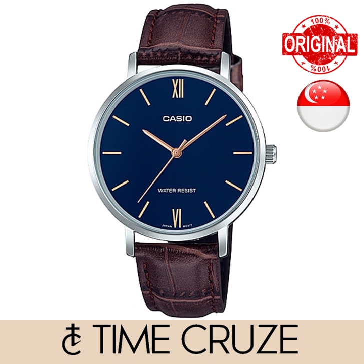 [Time Cruze] Casio Analog Quartz Brown Leather Strap Blue Dial Men Watch MTP-VT01L-2BUDF ...