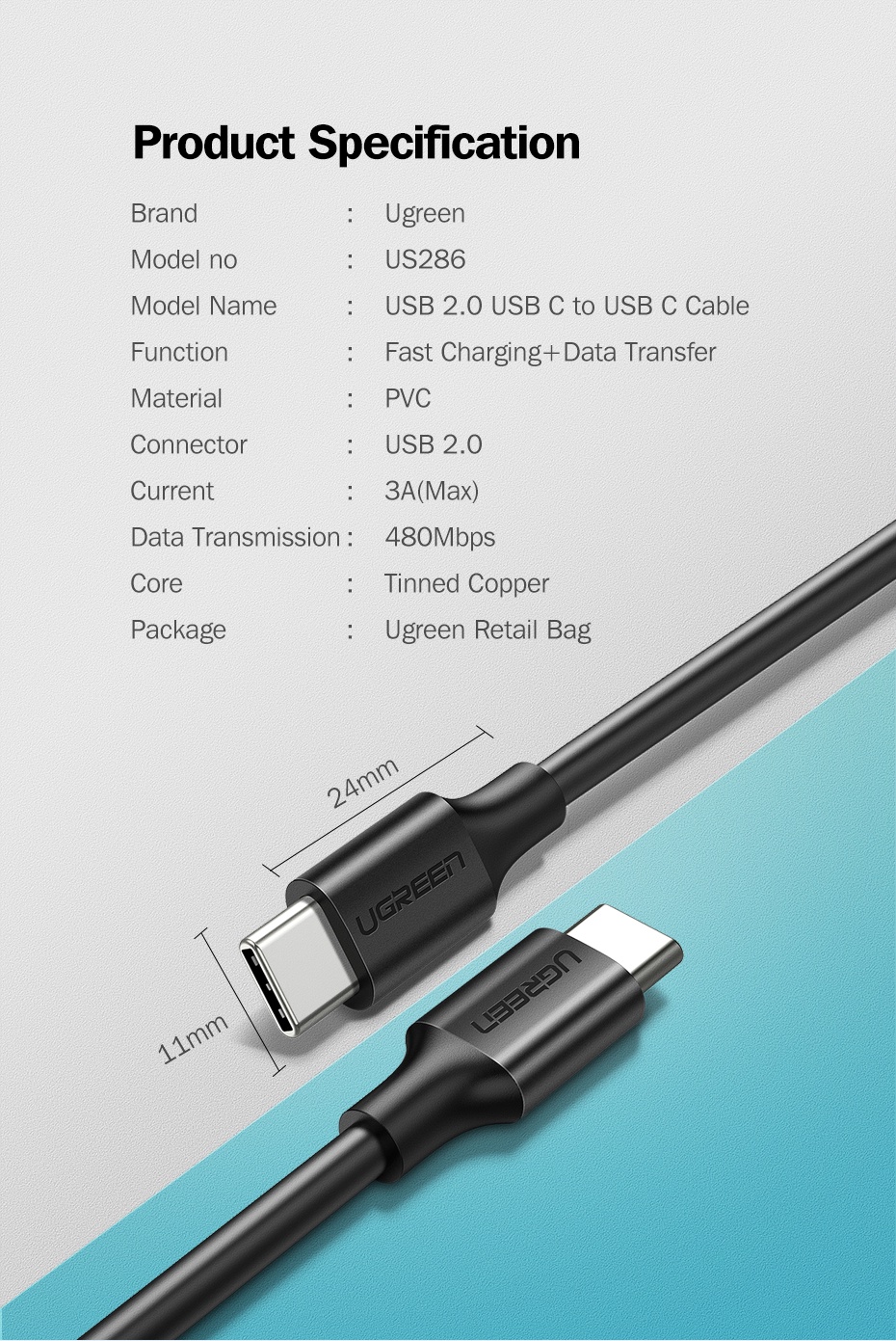 Ugreen PD 60W USB C to USB C Type C Fast Charging Cable for iPhone 15 ...