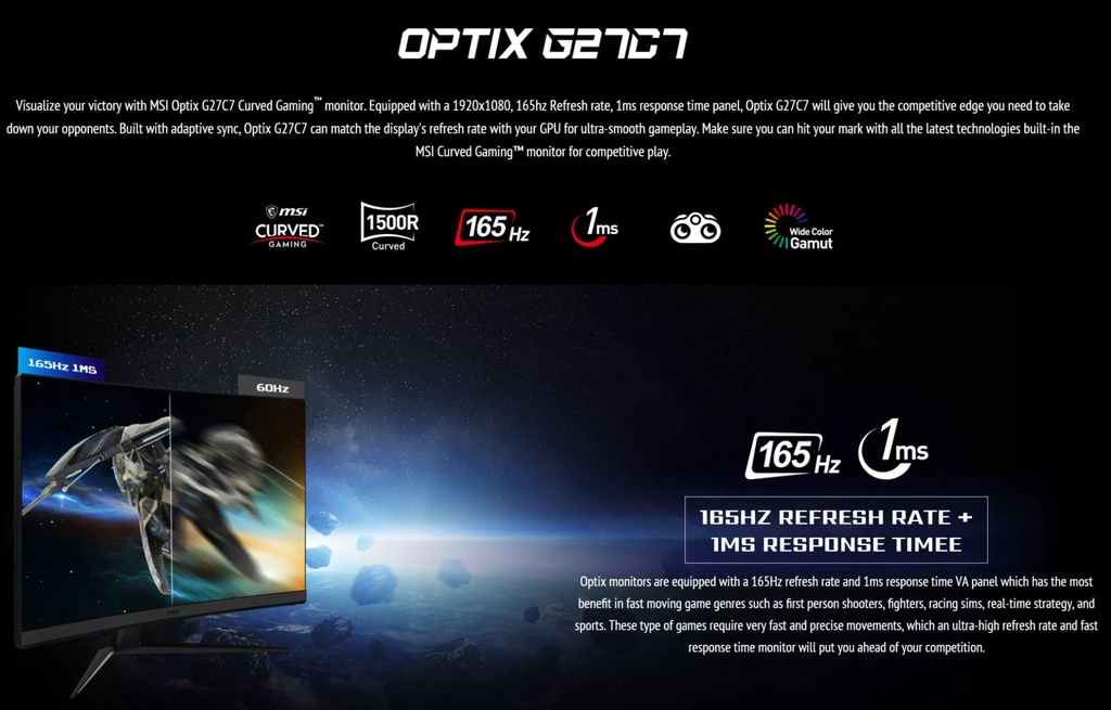 MSI Optix G27C7 Curved Gaming Monitor 27inch 165hz 1MS with Adaptive ...