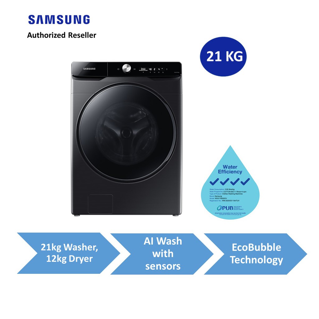 Samsung WD21T6500GV/SP Front Load Combo 21kg Washer + 12kg Dryer | AI Wash with Sensors for ...