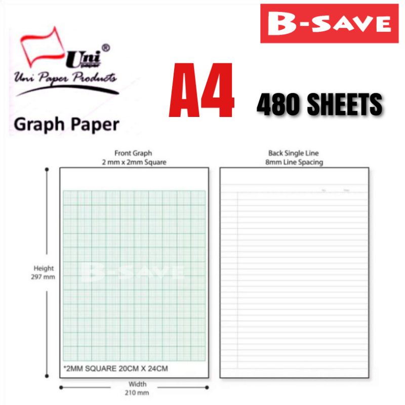 Uni A4 Graph Paper 2mm Square 480 Sheets (One Side Single Line ...