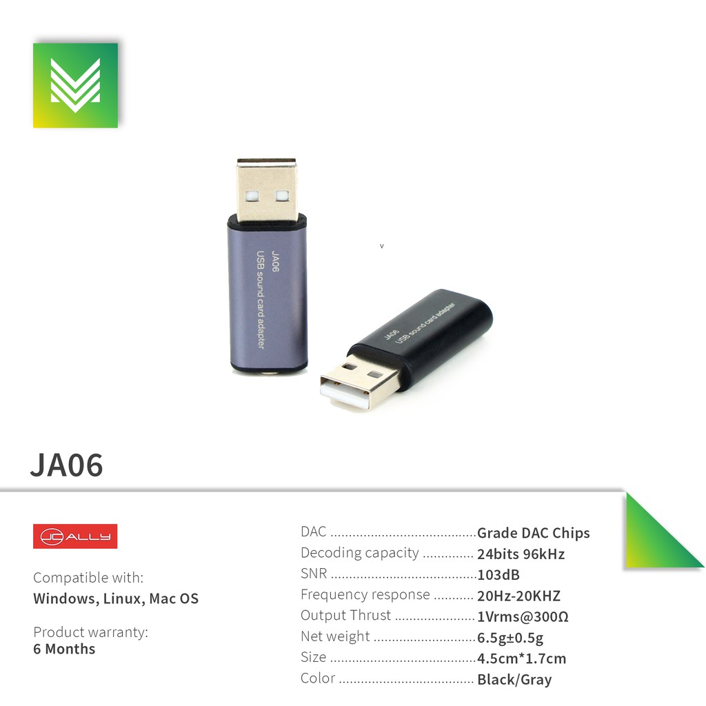 Jcally JA06 USB External Sound Card Converter to 3.5mm for PC/ Laptop Windows/Mac OS/Linux ...