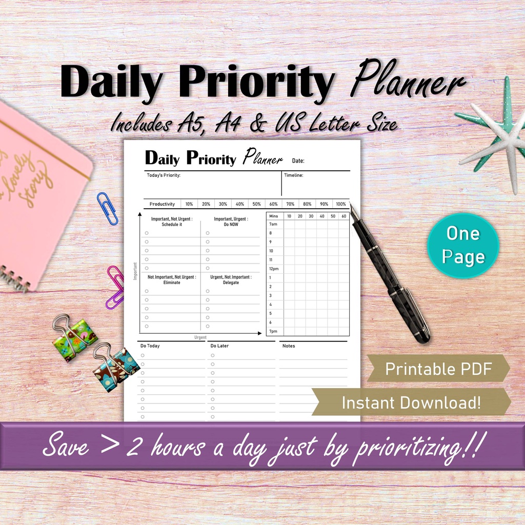 Daily Priority Matrix Planner, 10 Minutes Hourly Planner, Daily Time ...