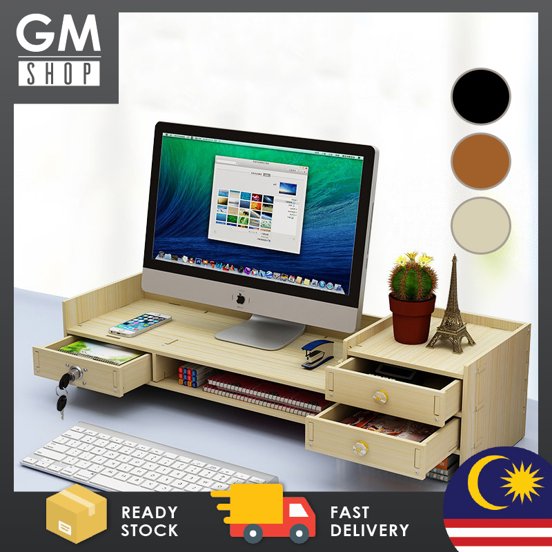 GMSHOP Computer Monitor Booster Rack Wooden Office Desk Storage ...
