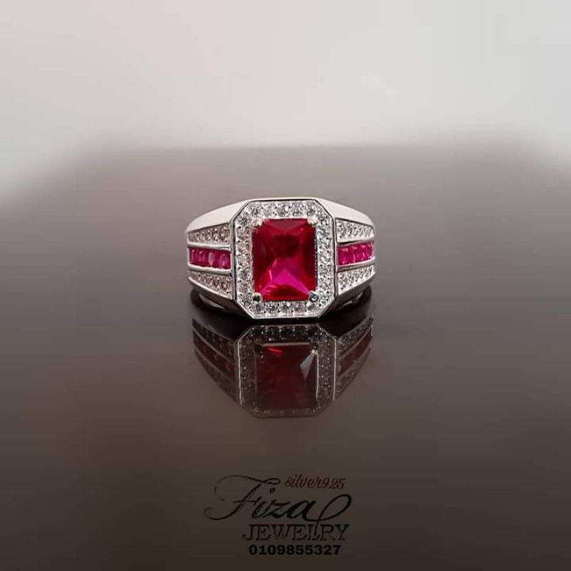 MERAH 925 red ruby gemstone men's ring, 925 silver plated red stone men's ring, 925 silver men's ...