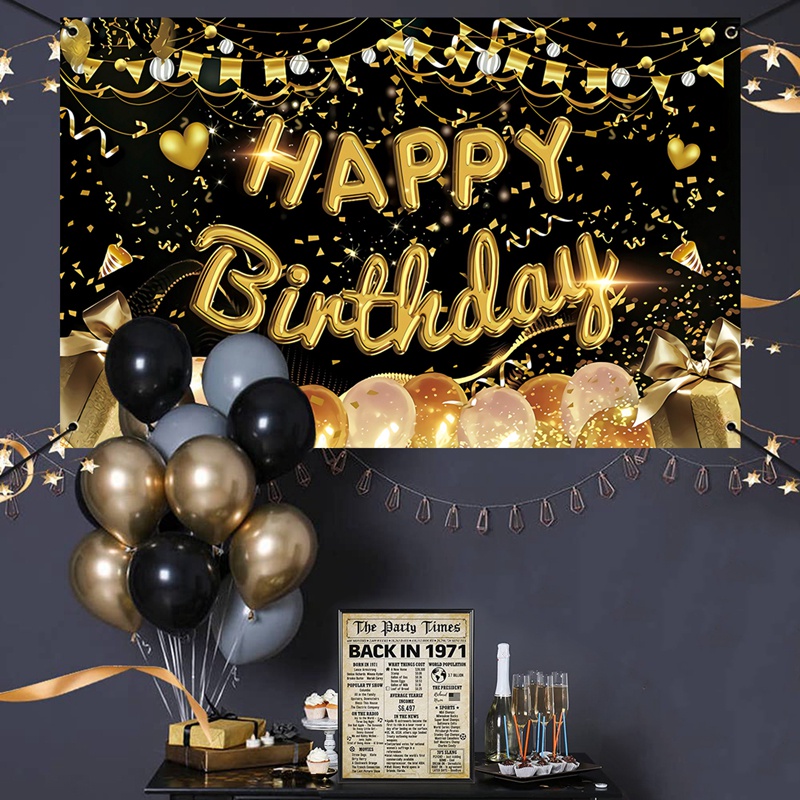 150 95cm Black Gold Happy Birthday Backdrop Banner Large Black Gold