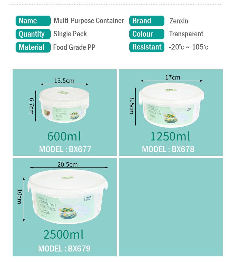 ZENXIN 600 / 1250 / 1500 / 2500 /3200ml Airtight Round Tupperware Food ...
