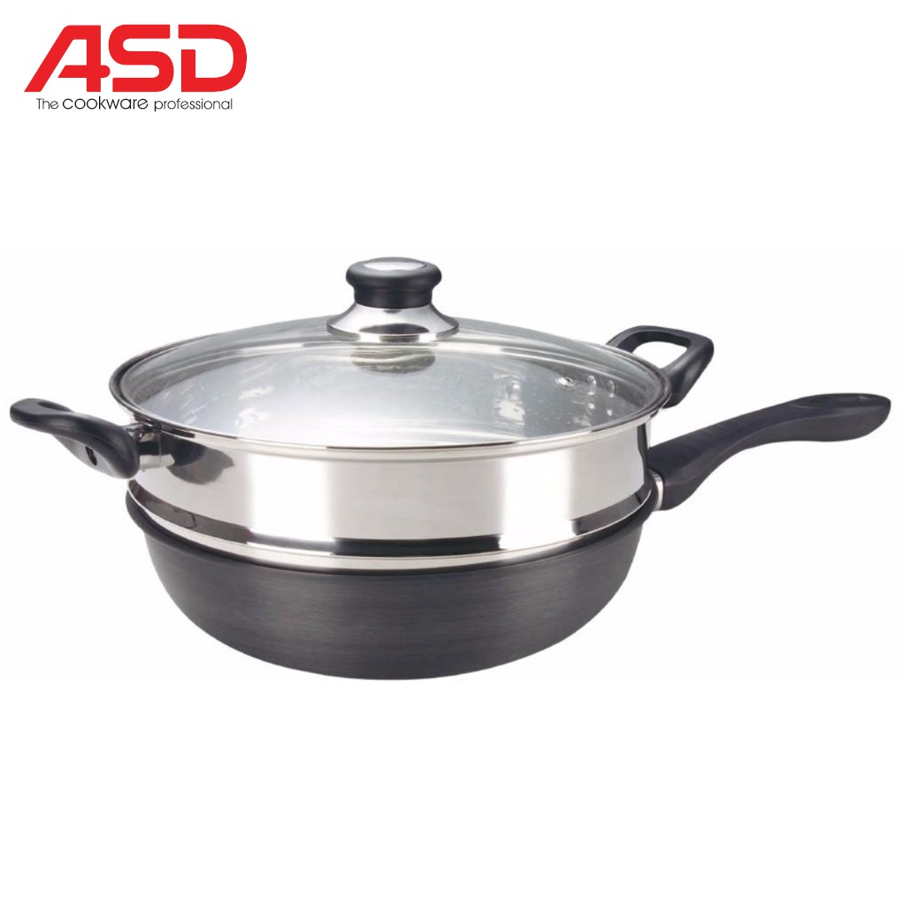 ASD / Hard Anodised Induction Skillet Wok + Steamer 30cm w Glass Lid ...