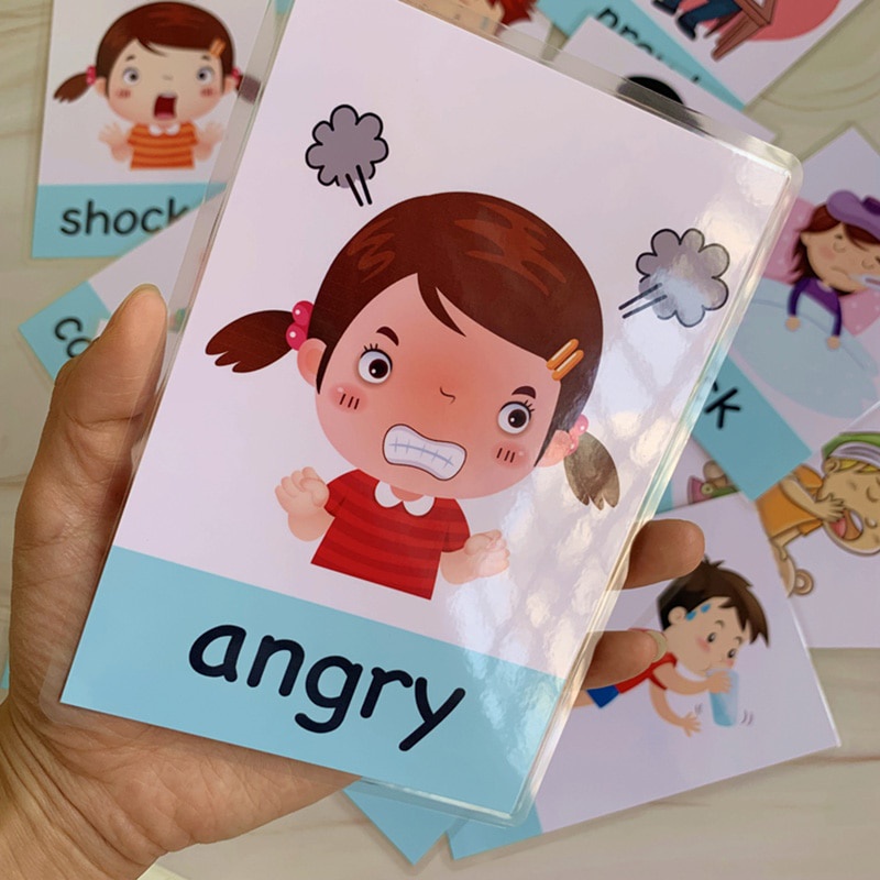14pcs/Set Children English Learning Card Cartoon Emotional Flash Card ...
