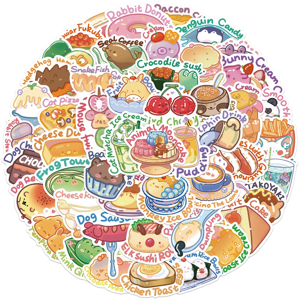 50PCS Kawaii Cute Cartoon Food Animal Hand drawn Stickers For Diary ...