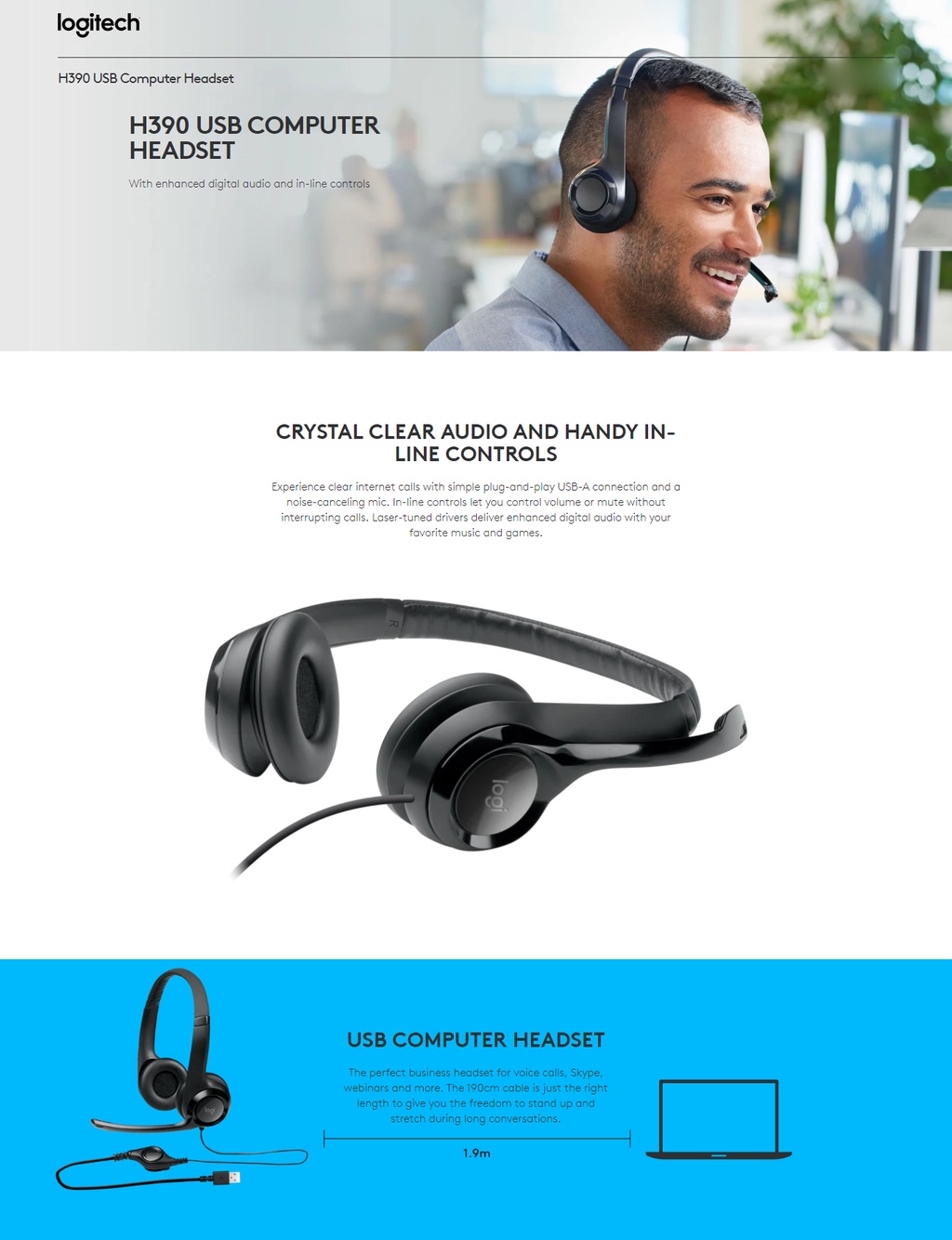 LOGITECH H390 USB COMPUTER HEADSET WITH ENHANCED DIGITAL AUDIO | IN ...