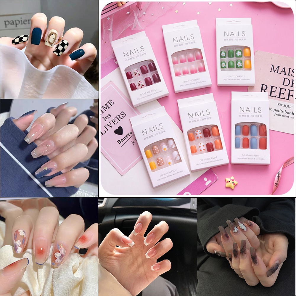 【With Glue+Gift】24Pcs/Box Fake Nails Set with Glue French Finger Nail ...
