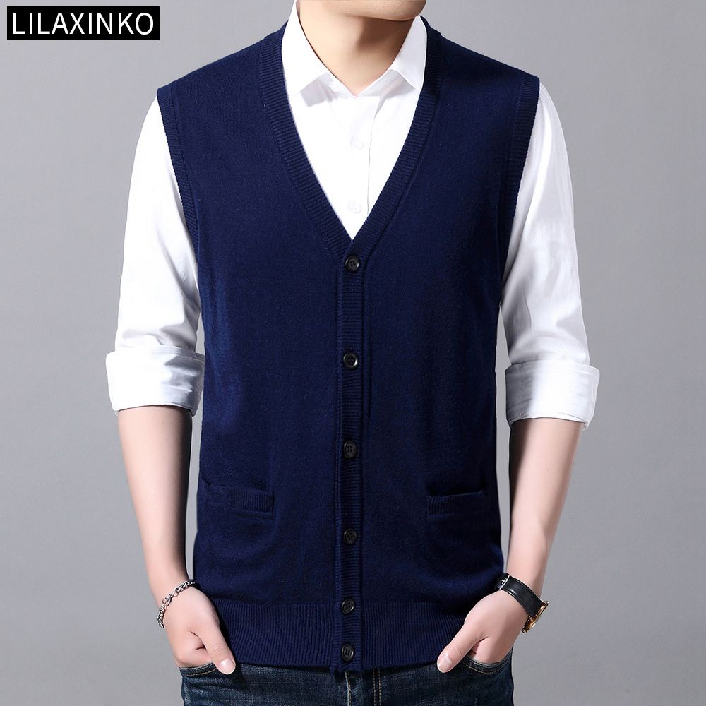 4 Color Men Vest Sleeveless Wool Sweater Knit V Neck Plain Basic Pocket ...