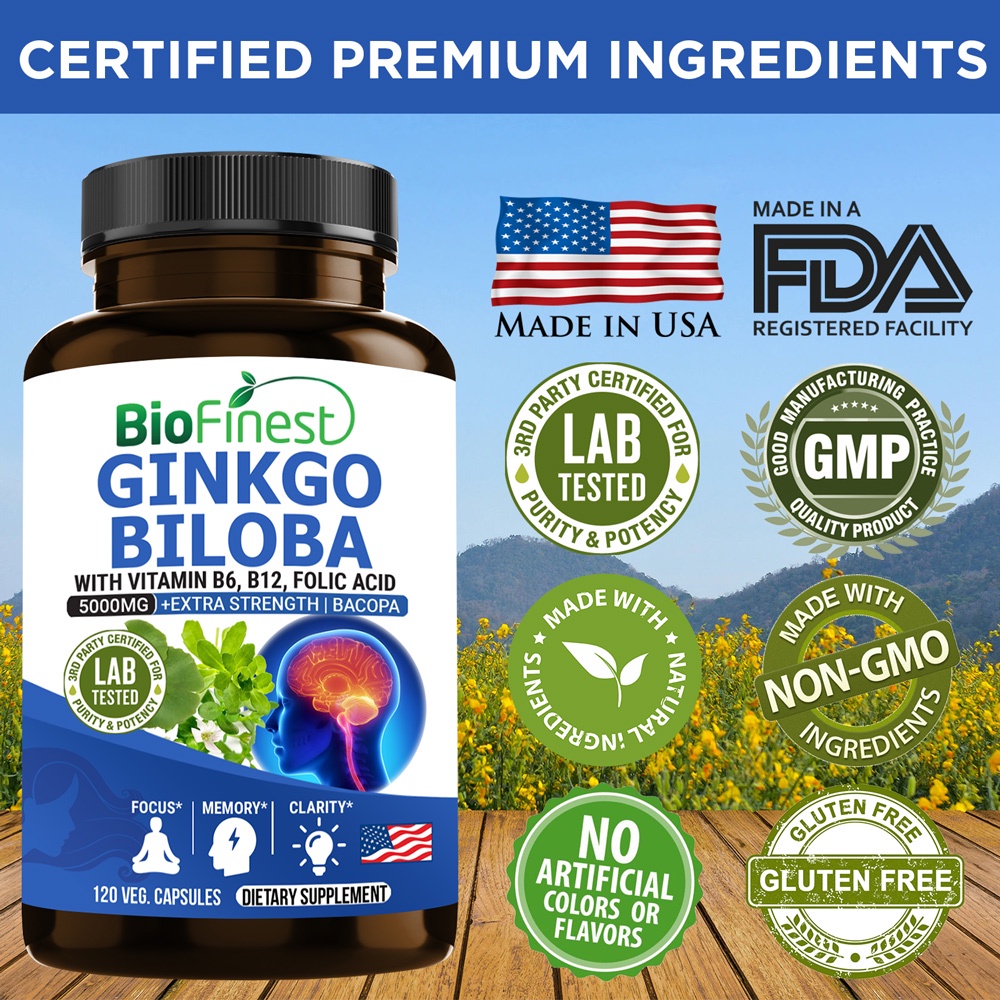 Biofinest Ginkgo Biloba 5000mg Supplement - Vitamin B6 B12 Folic Acid ...