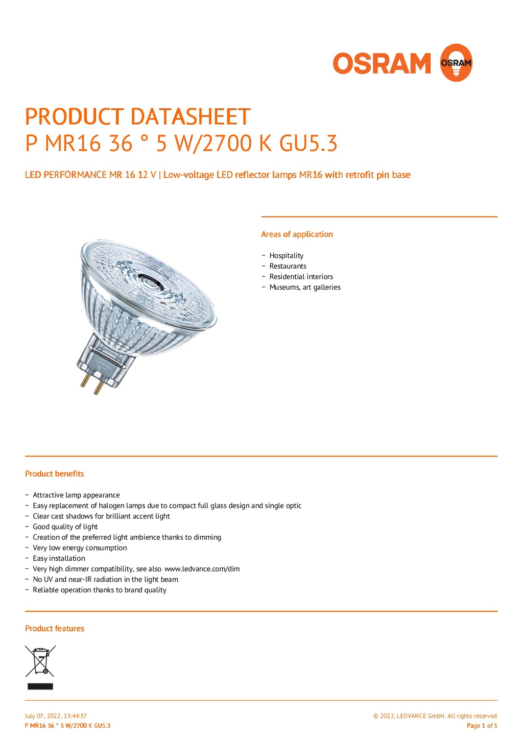 OSRAM LED PARATHOM MR16 35 36° 5W GU5.3 (2700K/3000K) | Shopee Singapore