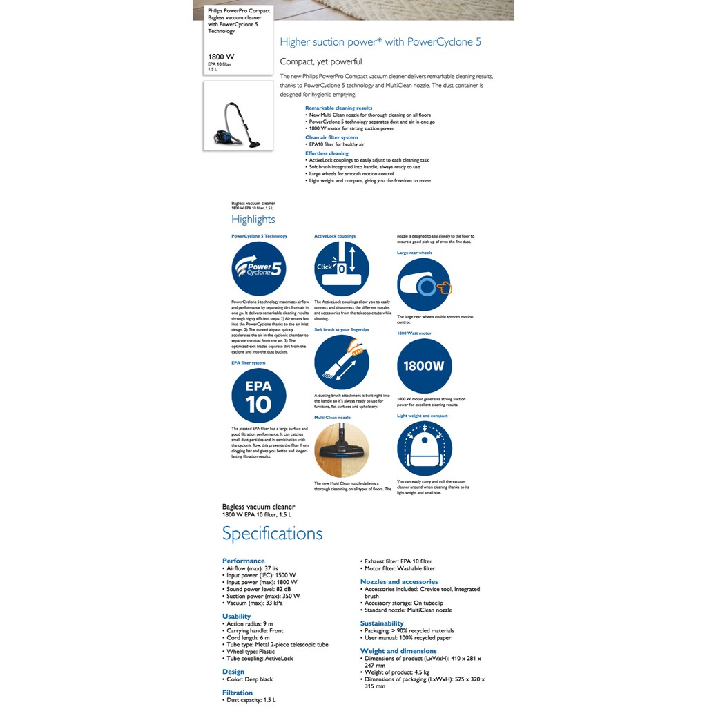 Philips FC9350 PowerPro Compact Bagless Vacuum Cleaner 1800W | Shopee ...