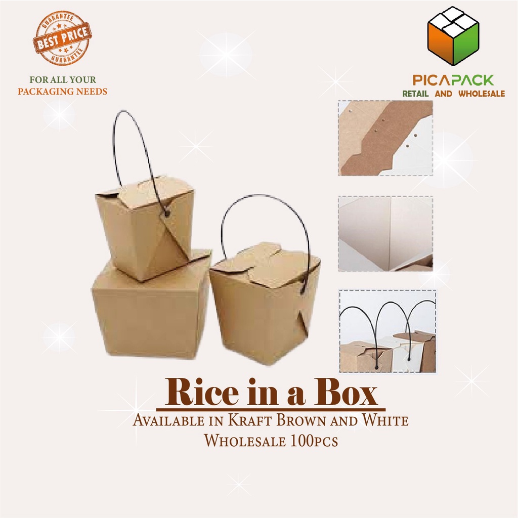 100pcs Rice in a Box Take Out box handle Noodles Food Packaging (Kraft ...