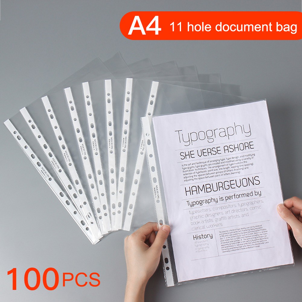100PCS A4 Loose Leaf Documents Sheet Protectors 11 Holes Plastic ...