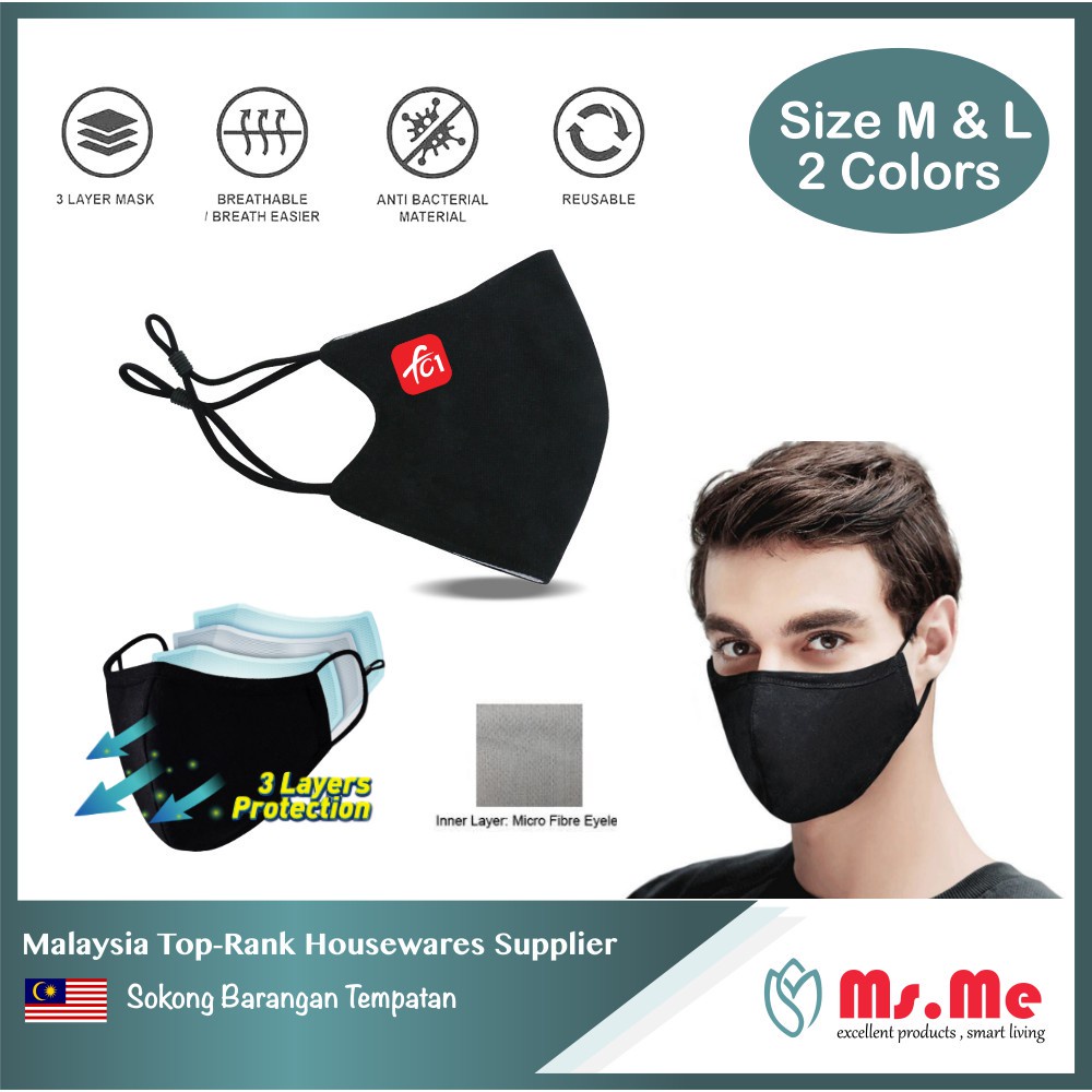 Ms.Me Care 3 Layer Fabric Face Mask Size M/L Anti Bacterial Micro Fiber ...