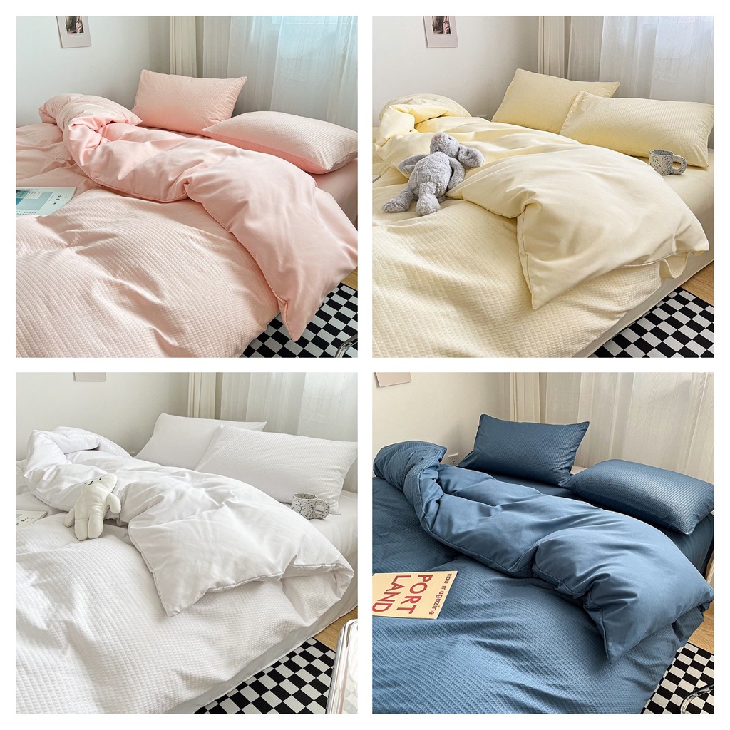 4 IN 1 Solid Color Bed Sheet Set With Quilt Cover Queen King Size Duvet ...