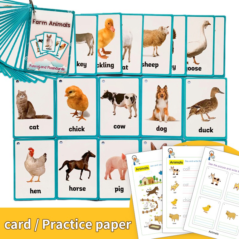 18Pcs/Set Farm Animals English Cognitive Flash Card Practice Paper ...