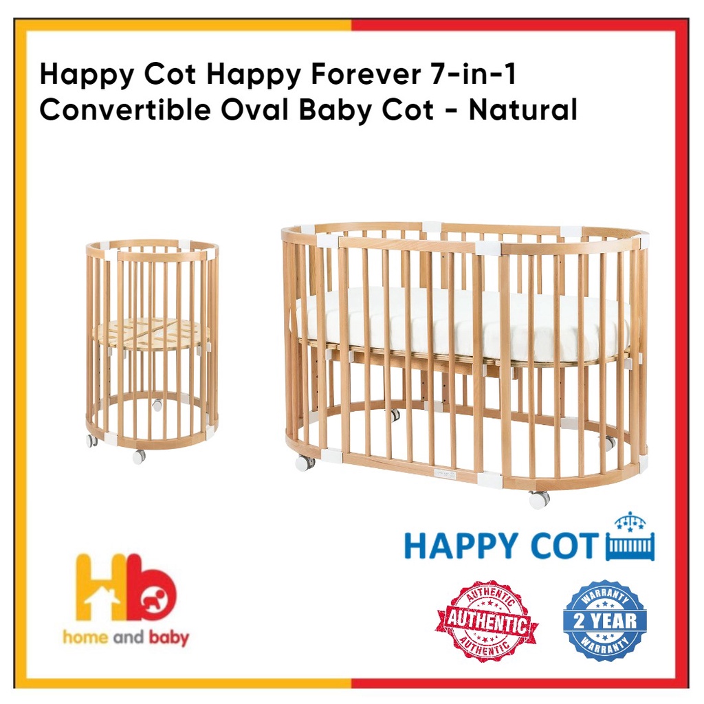 Happy Cot Happy Forever 7-in-1 Convertible Oval Baby Cot - Natural ...