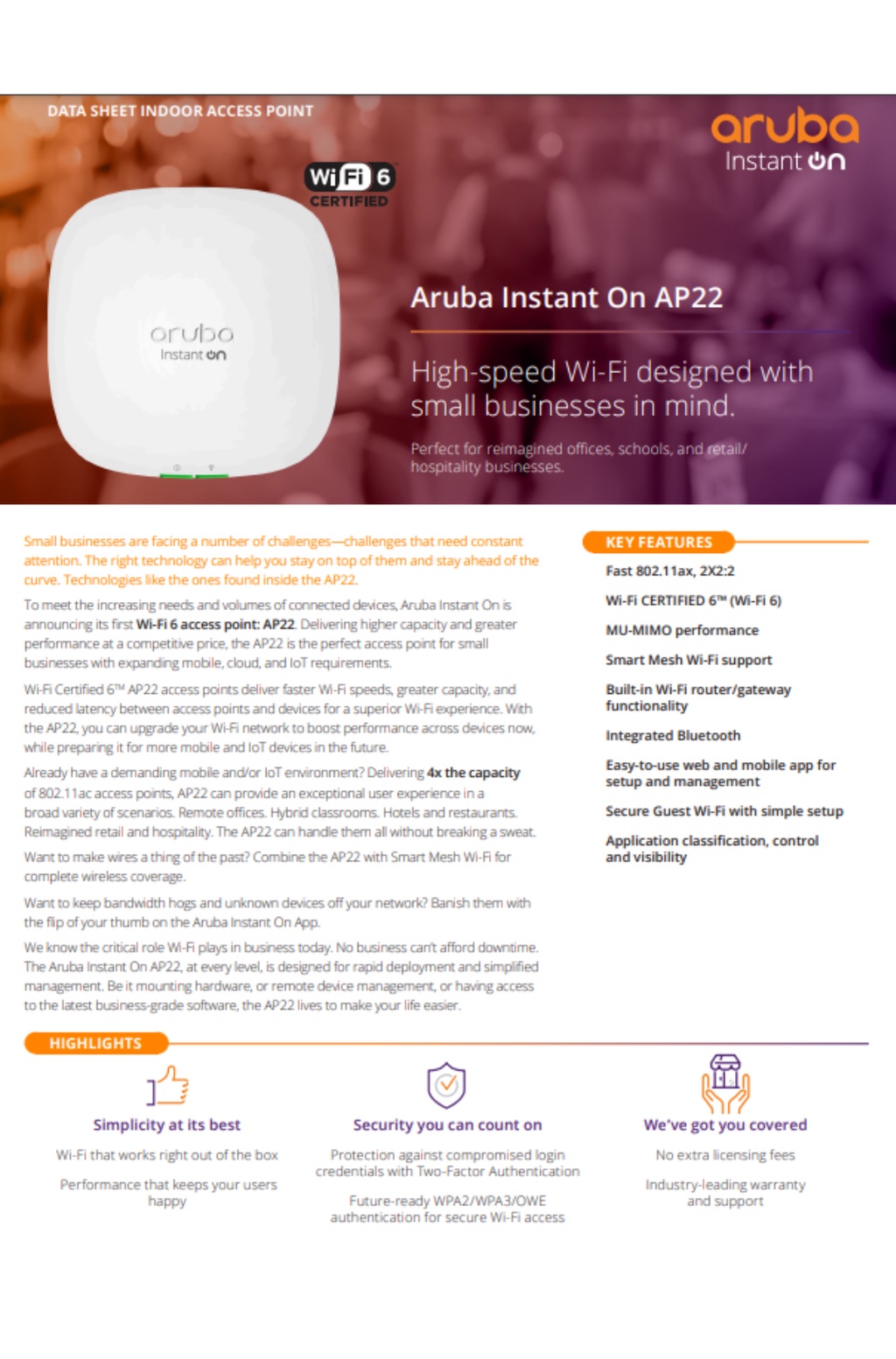 Aruba Instant On AP22 802.11ax 2x2 Wi-Fi 6 Wireless Access Point - 2 ...