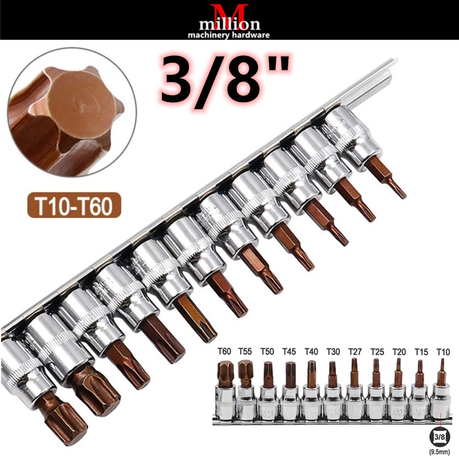 11Pcs 3/8" T10-T60 Hex plum-shaped Torx Star Screwdriver Bit Set Tamper ...