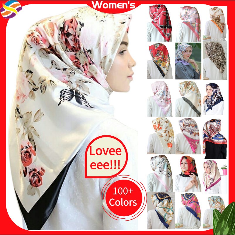 34 Colors Satin Bawal Corak Muslimah Hijab Scarf Floral Print Tudung ...