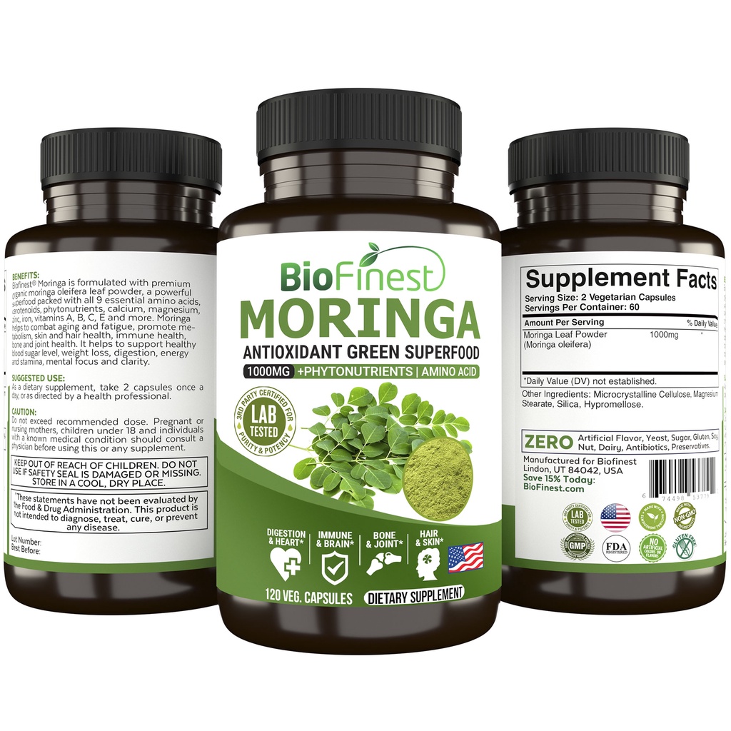 Biofinest Moringa Leaf 1000mg Supplement - Antioxidant Superfood Powder ...