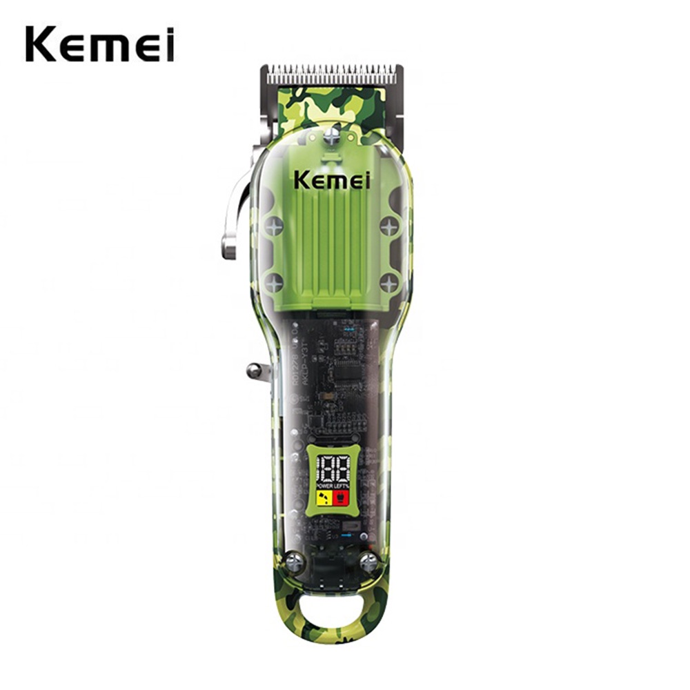 Kemei Green Color Transparent Style Professional Hair Cutting Machine Rechargeable Clipper ...