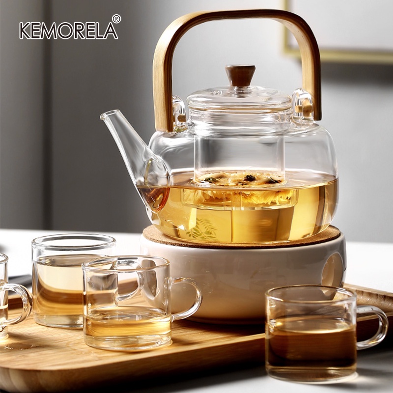 KEMORELA 1000ml Tea Pot Set Glass Tea Pot Set Wood Handle Glass Tea Pot ...