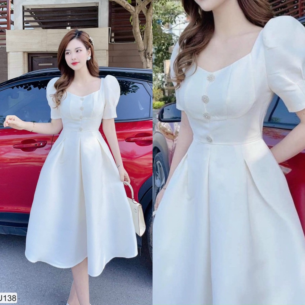 Party dress with puffed sleeves, square neck, buttoned chest, beaded ...