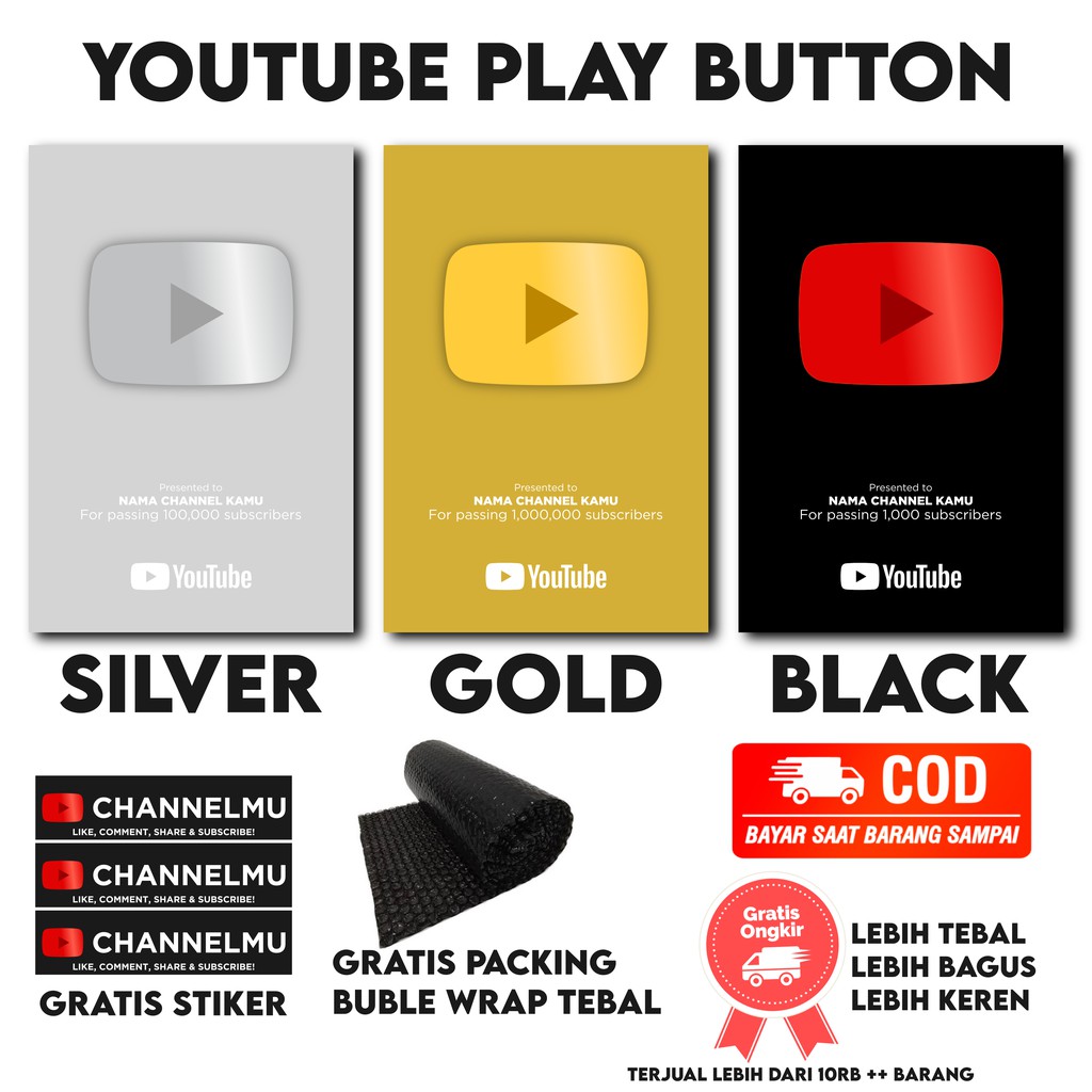 YOUTUBE PLAY BUTTON GOLD SILVER BLACK FREE STICKERS | Shopee Singapore