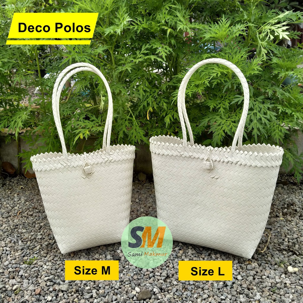 PUTIH Deco Plain White Plastic Woven Bag with Long Handle with Buttons ...